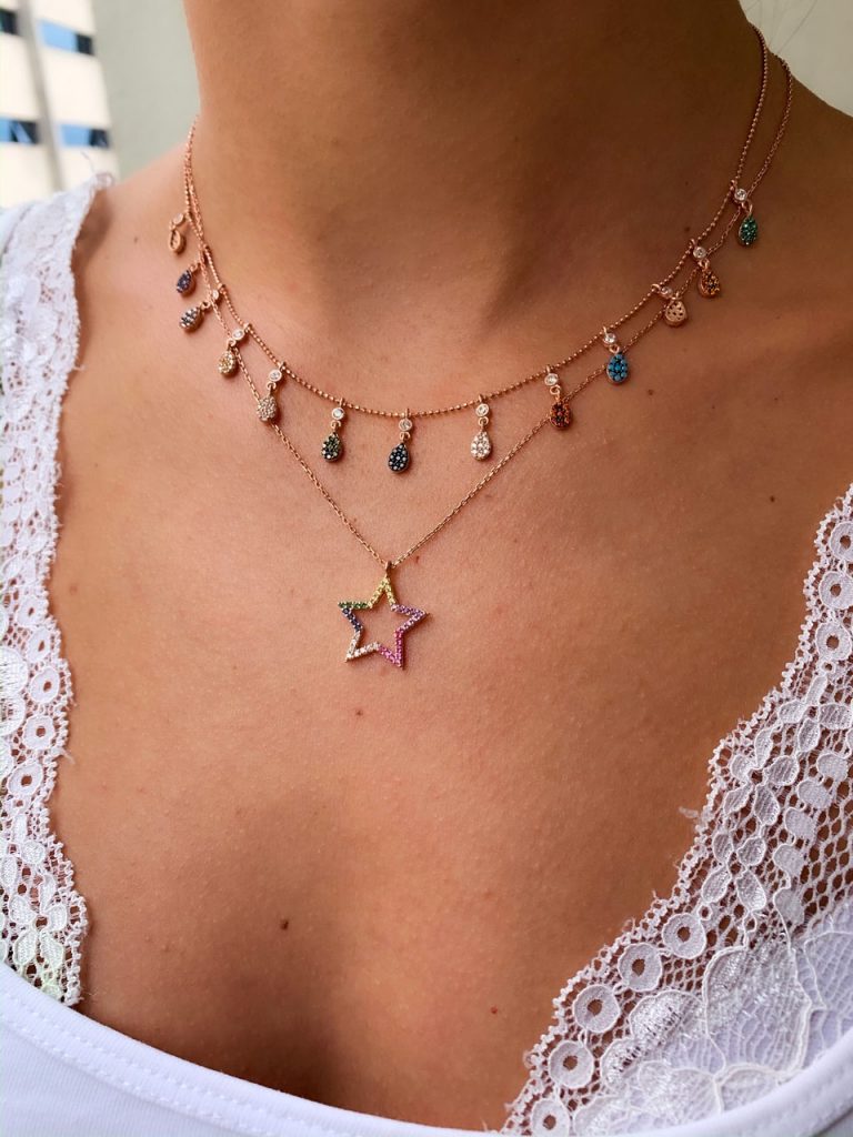 Colar De Estrelinha Colorida Cravejada Prata 925 Rose Gold - Waufen